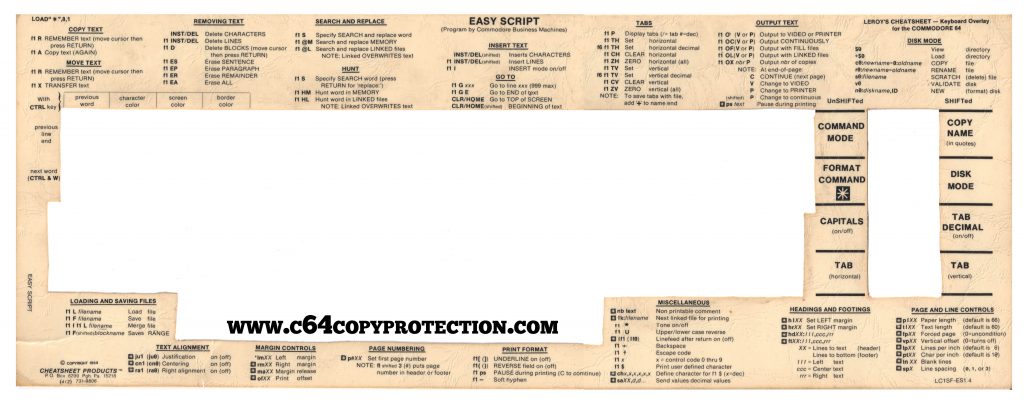 Easy Script – Leroy’s Cheat sheet | C64 Copy Protection